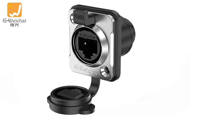 ER-RJ45超五类信号黄扣式180°法兰双插数据网线防水连接器